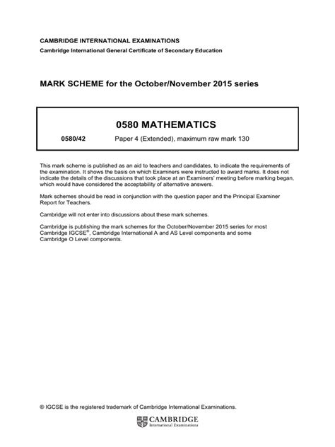 0580 november 2015 paper 42 mark scheme pdf geometry mathematics