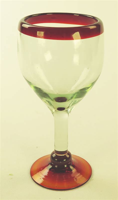 Wine Glass Hand Blown Red Rim 12 Oz Made In Mexico