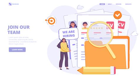 채용 온라인 직원 검색 채용 프로세스 인적 자원 관리 랜딩 페이지를 위한 캐릭터가 있는 플랫 디자인 개념 웹 사이트 방문 페이지 배너에 대한 벡터 그림입니다 객실 있음에