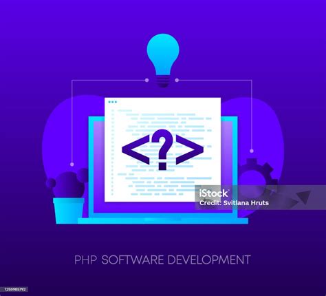 어두운 그라데이션 배경에 대한 Php 소프트웨어 개발 프로그래밍 개념 봉투가있는 노트북 프로그래밍 코드가있는 창을 엽니 다 벡터