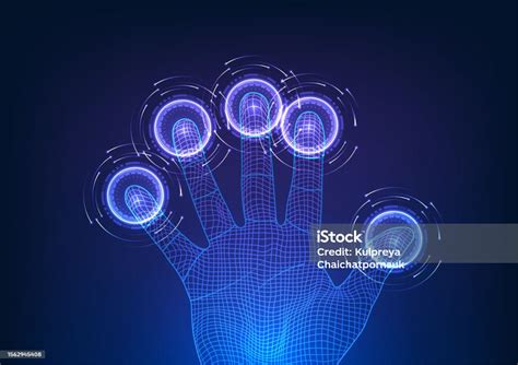 지문 스캔을 사용하여 민감한 사이버 데이터에 액세스하는 보안 기술 데이터 스캔을 나타내는 손가락에 기술 원이 있는 벡터 손 데이터베이스에 대한 스톡 벡터 아트 및 기타