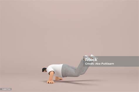 회색 코듀로이 바지와 화이트 칼라 티셔츠를 입은 수염을 가진 남자 그는 운동을하고 있습니다 연기에서 만화 캐릭터의 3d 일러스트 레이터 3차원 형태에 대한 스톡 사진 및
