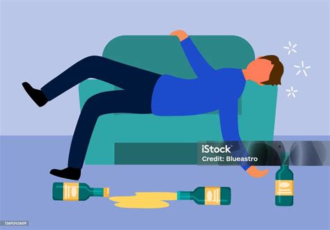 술에 취한 남자는 평평한 디자인으로 바닥에 맥주 알코올 병으로 소파에서 자고 있습니다 알코올 문자 알코올 중독 고독 부정적인
