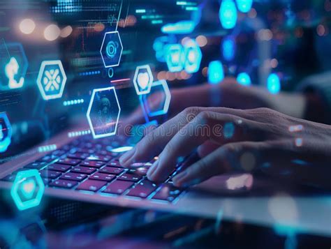 Hands Typing On Laptop With Futuristic Digital Interface Stock Image