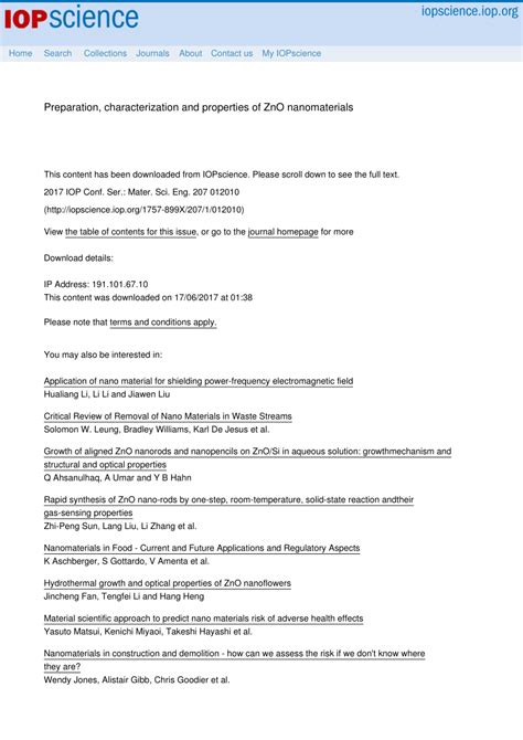 Pdf Preparation Characterization And Properties Of Zno Nanomaterials