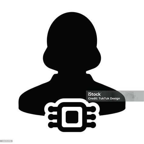 글리프 픽토그램에서 추적 시스템을 위한 여성 사용자 프로필 아바타 기호를 가진 인간을 위한 칩 임플란트 벡터 아이콘 감시에 대한