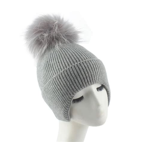 겨울 귀 보호 니트 모자 진짜 너구리 모피 Pompom 여성을위한 Beanies 패션 Earflap 양모 모자스컬리스