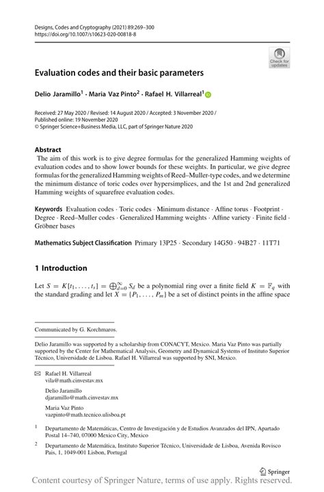 Evaluation Codes And Their Basic Parameters Request Pdf