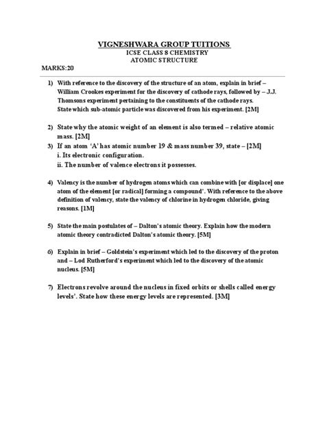 Icse Class 8 Chemistry Atomic Structure Pdf