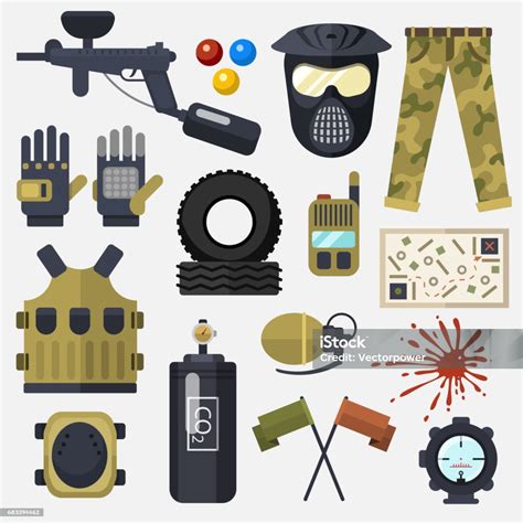 페인트 볼 클럽 기호 아이콘 보호 유니폼 및 스포츠 게임 디자인 요소 장비 대상 벡터 일러스트 레이 션 거리표식에 대한 스톡 벡터 아트 및 기타 이미지 Istock