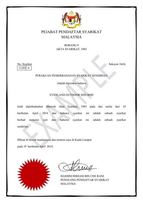 Form 9 Ssm Certificate Of Incorporation Section 17 Borang 9