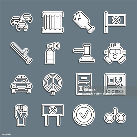 세트 라인 수갑 텔레비전 보고서 방독면 깨진 병 무기 에어 혼 경찰 고무 지휘봉 교통 체증 및 판사 망치 아이콘 벡터 경찰관에 대한 스톡 벡터 아트 및 기타 이미지 Istock