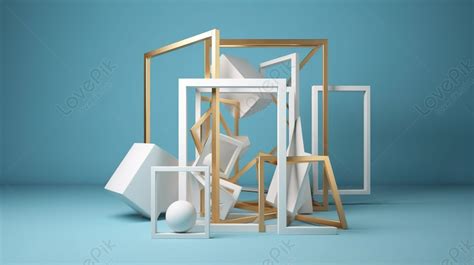 현대 현대 미술 파란색 배경에 원시 기하학적 모양과 흰색 다리가 있는 황금색 사각형 프레임의 3d 렌더링 금 배경 금색 배경 황금색 배경 이미지 Hd 금 금색