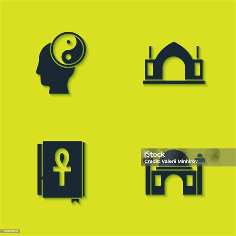 설정 음 이슬람 모스크 크로스 앙크 책과 힌두교 영적 사원 아이콘 벡터 건축에 대한 스톡 벡터 아트 및 기타 이미지 건축 건축하기 검은색 Istock