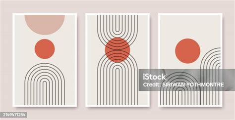 추상 Boho 현대 포스터의 세트 오렌지 태양과 회색 아크 라인 배경 벽 예술 표지 벽지 카드 인테리어 장식 벡터 일러스트 레이