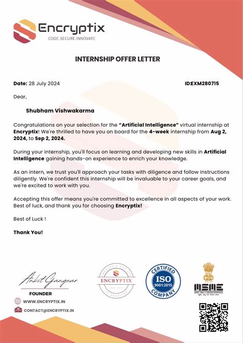 Shubham Vishwakarma On Linkedin Internship Artificialintelligence Encryptix Grateful