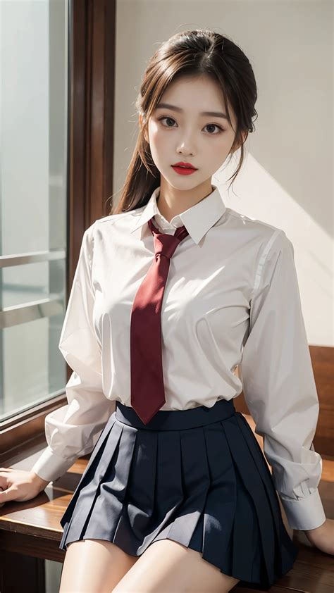 美少女 韓国メイク 赤い唇 ミディアムボディ 中胸 SeaArt AI