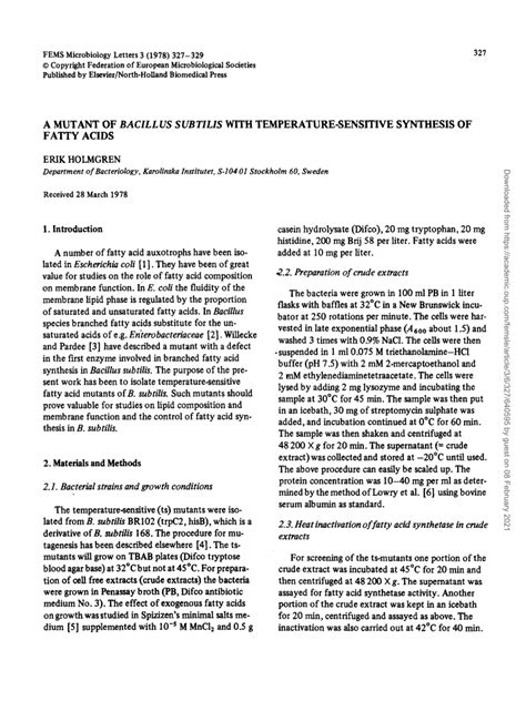 Pdf A Mutant Of Bacillus Subtilis With Temperature Sensitive Synthesis Of Fatty Acids