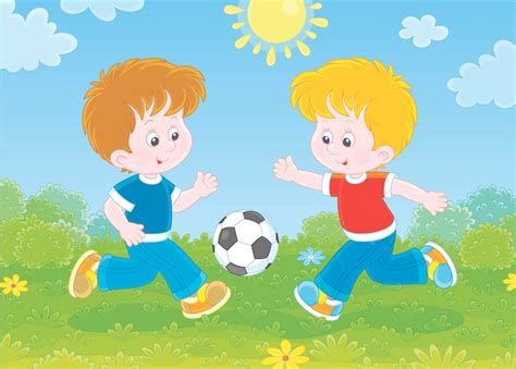 Niños sonrientes jugando al fútbol en la hierba verde en un día soleado de verano Vector Premium