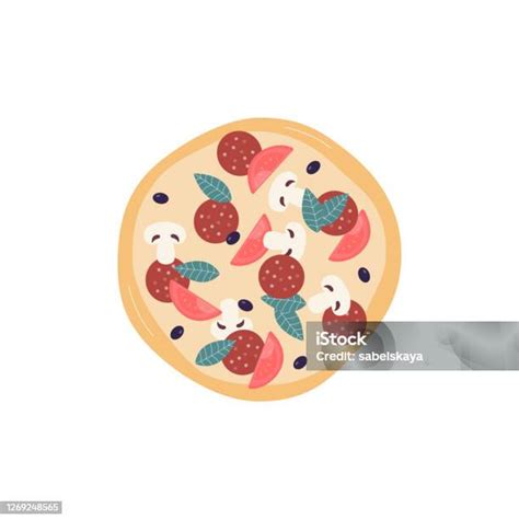 소시지와 버섯 플랫 벡터 일러스트가 분리 된 전체 피자의 상단 0명에 대한 스톡 벡터 아트 및 기타 이미지 0명 고기