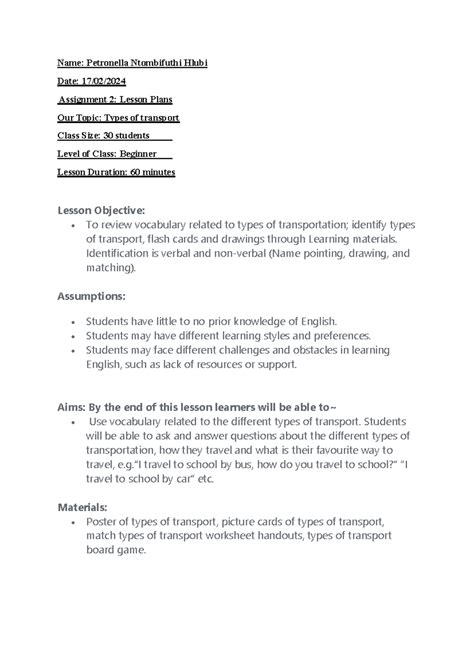 Assignment 2 Lesson Plan Name Petronella Ntombifuthi Hlubi Date 1