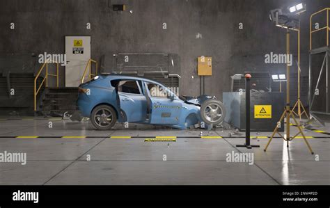 3d Animation Of Eco Friendly Electric Vehicle Experimental Crash Test In A Laboratory
