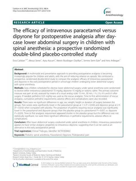 Pdf The Efficacy Of Intravenous Paracetamol Versus Dipyrone For Postoperative Analgesia After