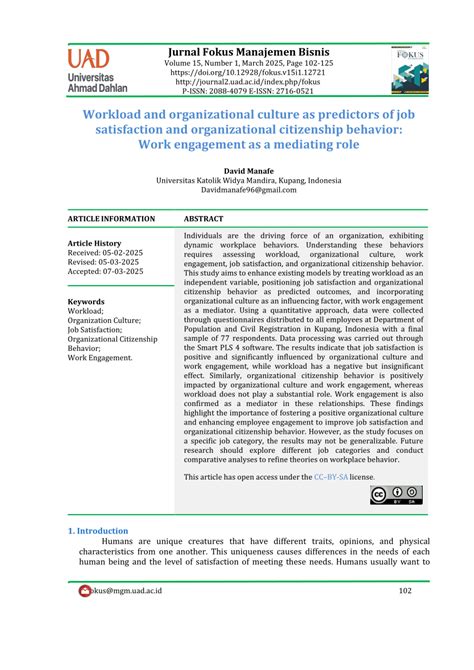 Pdf Workload And Organizational Culture As Predictors Of Job Satisfaction And Organizational