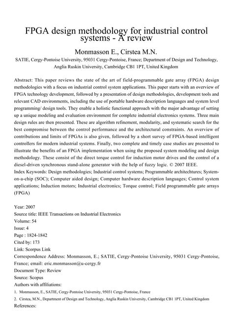 Fpga Design Methodology For Industrial Control Systems A Review