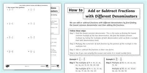 How To Add Or Subtract Fractions With Different Denominators Activity