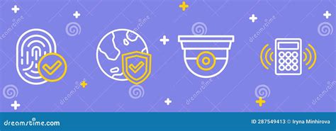 Set Line Security Keypad Access Panel Camera Shield With World Globe And Fingerprint Icon