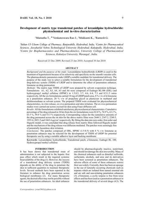 Pdf Formulation And In Vitro Evaluation Of Transdermal Patches Of Lercanidipine Hydrochloride
