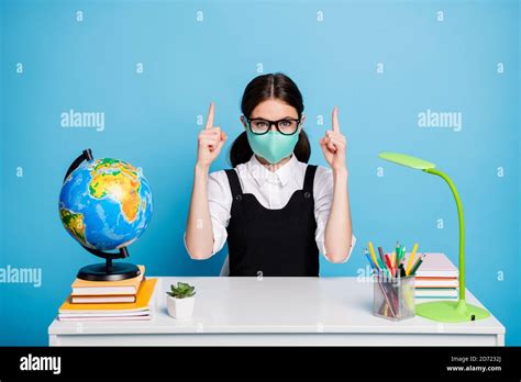Portrait Of Her She Nice Attractive Genius Brainy Diligent Girl In Reusable Mask Sitting Showing