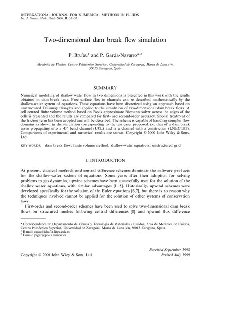 Pdf Two‐dimensional Dam Break Flow Simulation
