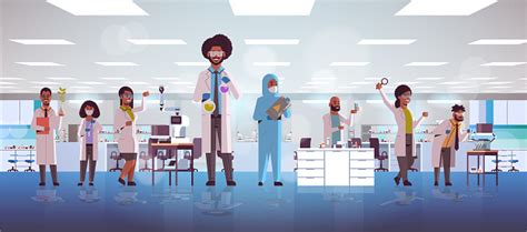 과학 연구원 팀 만들기 실험 아프리카 계 미국인 과학자 그룹 균일 한 협력 팀워크 연구 과학 개념 현대 실험실 내부 전체 길이 수평 단체에 대한 스톡 벡터 아트 및 기타