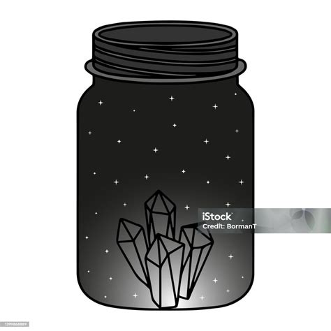 주문과 물약을위한 크리스탈이있는 의식 마녀 항아리 할로윈 벡터 일러스트 레이 션 메이슨 항아리에 대한 스톡 벡터 아트 및 기타