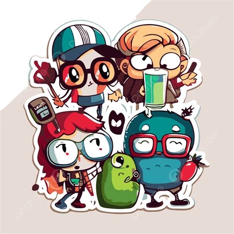 캐릭터 일러스트 만화 스티커 벡터 클립 아트 4개 세트 만화 친구 테마가 격리된 스티커 디자인 상표 Png 일러스트 및