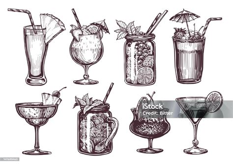 알콜 칵테일을 설정하십시오 레스토랑 또는 바 메뉴를위한 손으로 그린 스케치 스타일 음료 벡터 조각 일러스트 레이 션 칵테일에 대한 스톡 벡터 아트 및 기타 이미지 Istock
