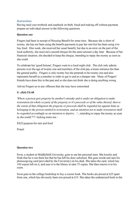 Crim Sem 11 Seminar Notes Instructions Having Read Your Textbook And Casebook On Theft