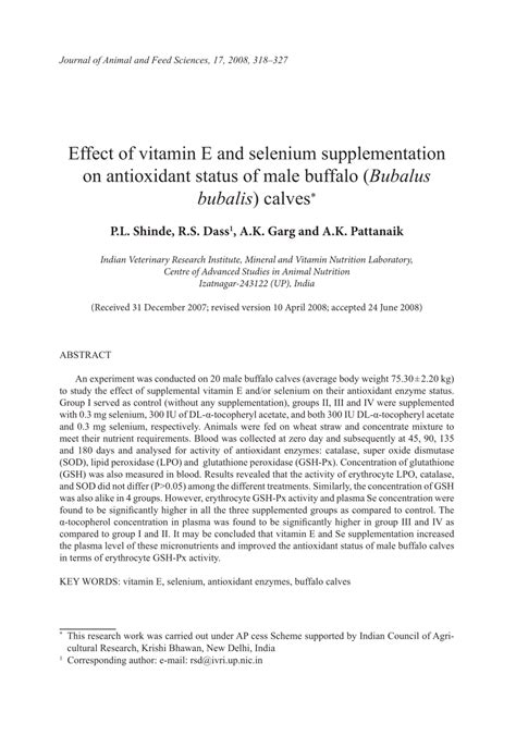 Pdf Effect Of Vitamin E And Selenium Supplementation On Antioxidant