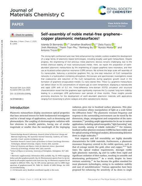 Pdf Self Assembly Of Noble Metal Free Graphene Copper Plasmonic Metasurfaces
