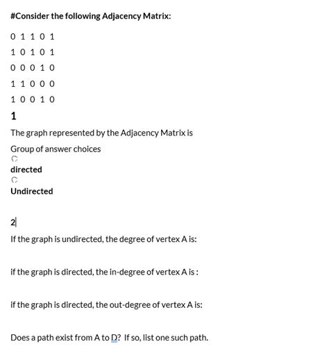 solved consider the following adjacency matrix 0 1 1 0 1 1