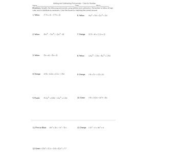 Adding And Subtracting Polynomials Color By Number By Stacey Frizzell