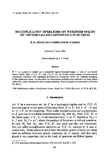 Pdf Multiplication Operators On Weighted Spaces Of Vector Valued