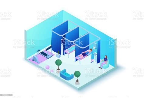 의학 물리 치료 재활 및 휴식 룸 재활 마사지 전기 치료 심장 운동 디딜 방 아 3 차원 등각 투영 벡터 일러스트 레이 션