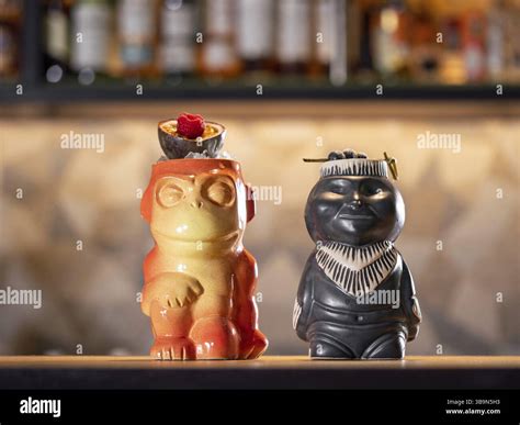 Tiki Drink Cocktails Two Tropical Tiki Cocktails On Bar Counter Tiki