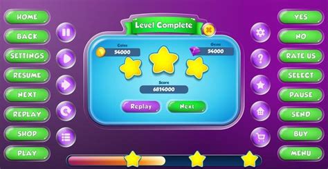 캐주얼 카툰 키즈 게임 Ui 랭킹 설정 및 종료 메뉴 별 버튼으로 팝업 프리미엄 벡터