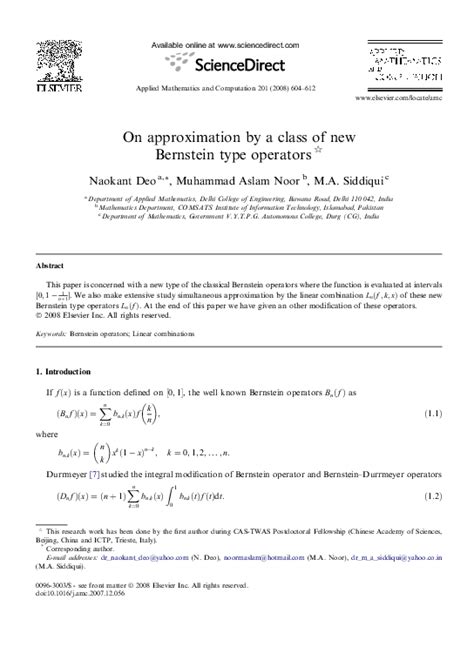 Pdf On Approximation By A Class Of New Bernstein Type Operators