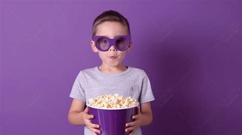 3d 안경을 쓰고 대형 팝콘 통을 들고 활기찬 보라색 벽 앞에서 포즈를 취하는 어린이 어린 배경 젊은 처녀 배경 음식 그릇 배경 이미지 Hd 어린 젊은 처녀 음식