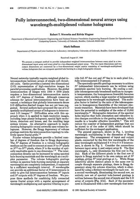 Pdf Fully Interconnected Two Dimensional Neural Arrays Using Wavelength Multiplexed Volume